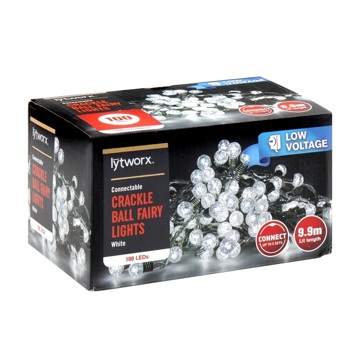 Lytworx White Festive Fairy Light 100pk Crackle Ball - 8 Function / De ...