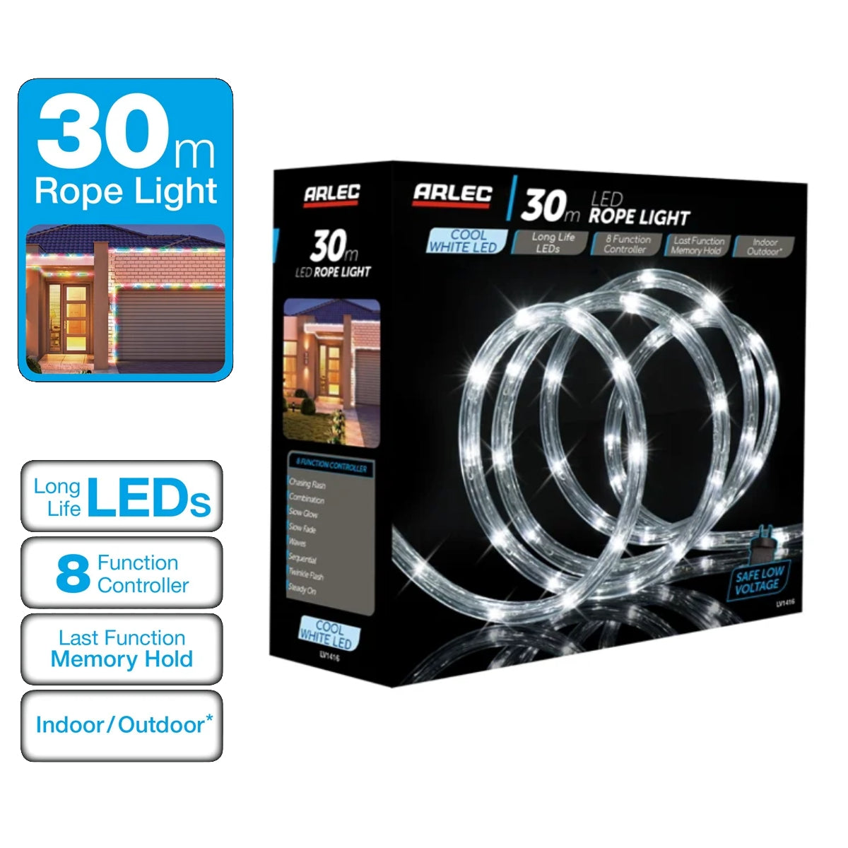 Arlec 30m Festive LED Light Rope - Cool White /8 Functions/Memory Hold ...