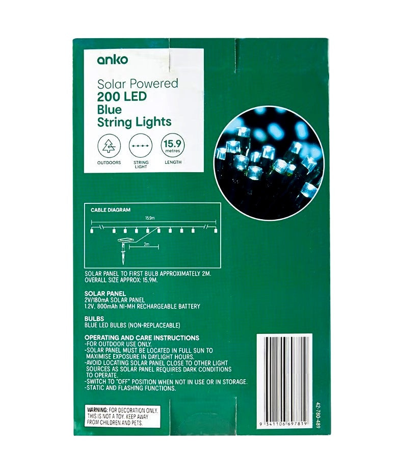 Anko Solar Powered 200 LED Blue String Lights/Suitable for Outdoor ...