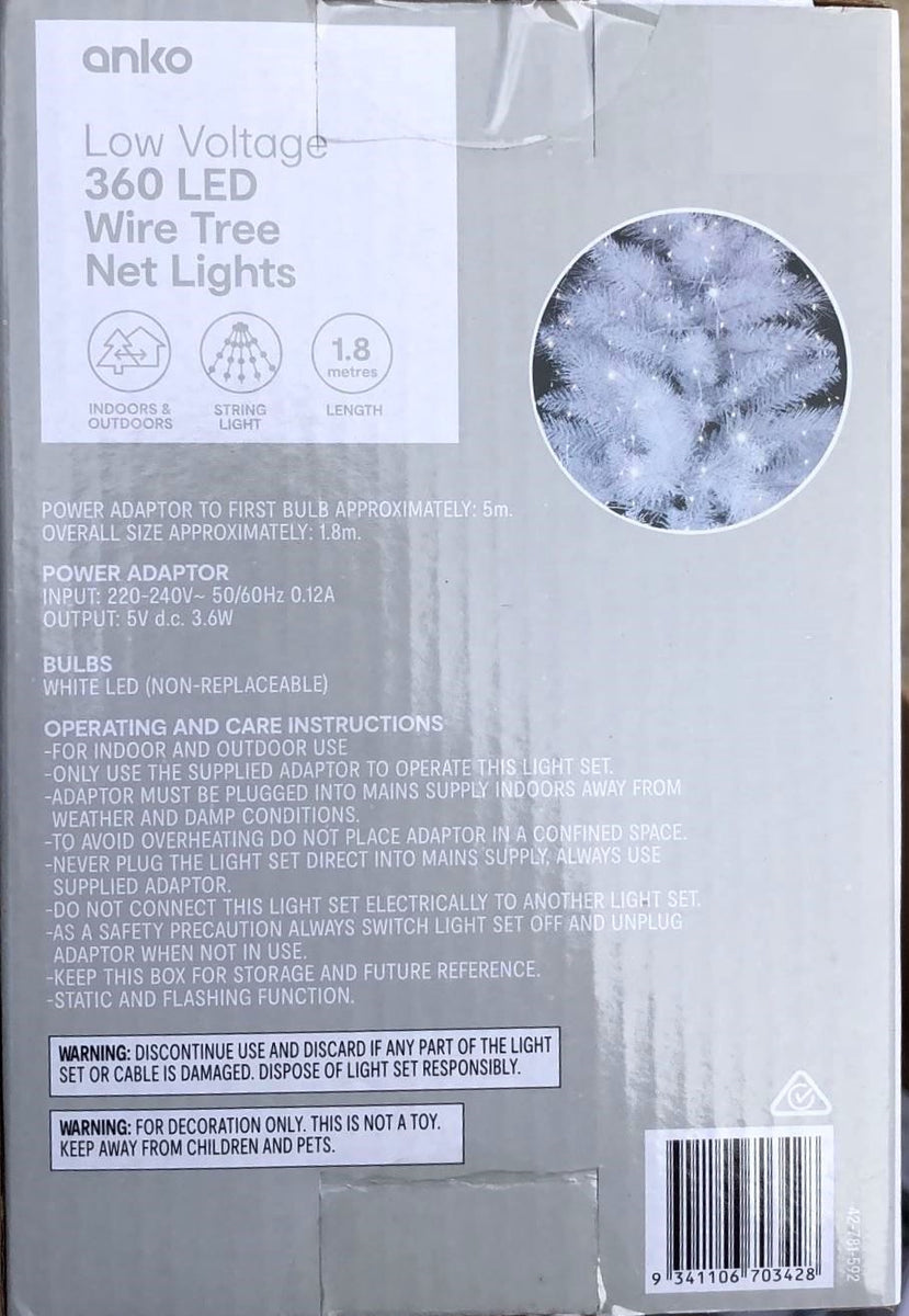 Anko 1.8m Low Voltage 360 LED Wire Tree Net Lights - Cool White – TheITmart