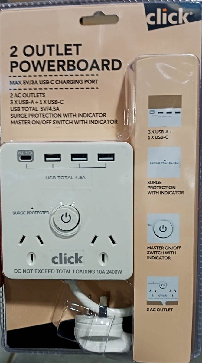 Click White 2 Outlets Powerboard/ 4 USB Ports/ Surge Protection with I ...