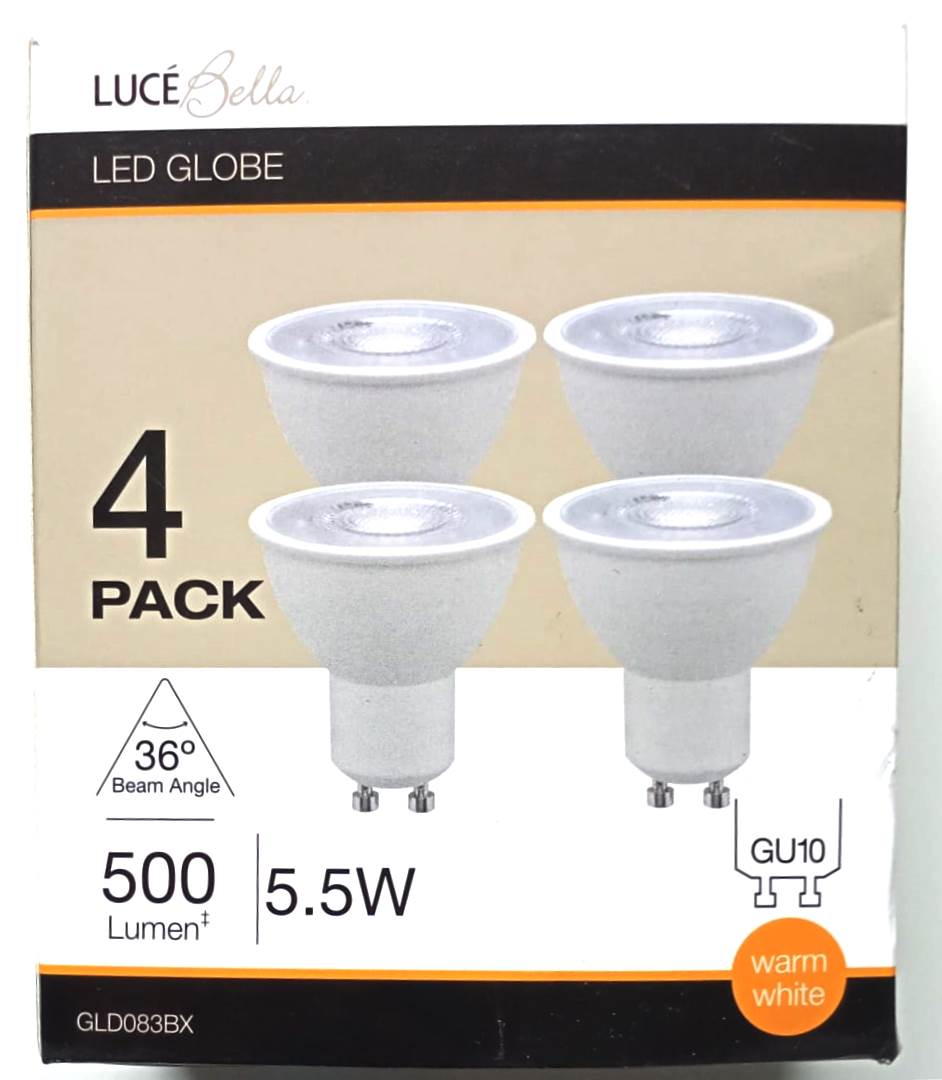 Luce Bella 4 Pack 5.5w 500lm 36° Warm White GU10 LED Globe -GLD083BX ...
